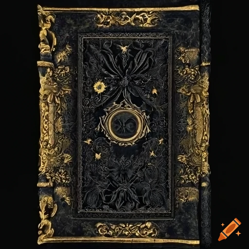 Intricately embossed black leather book with celestial motifs on Craiyon