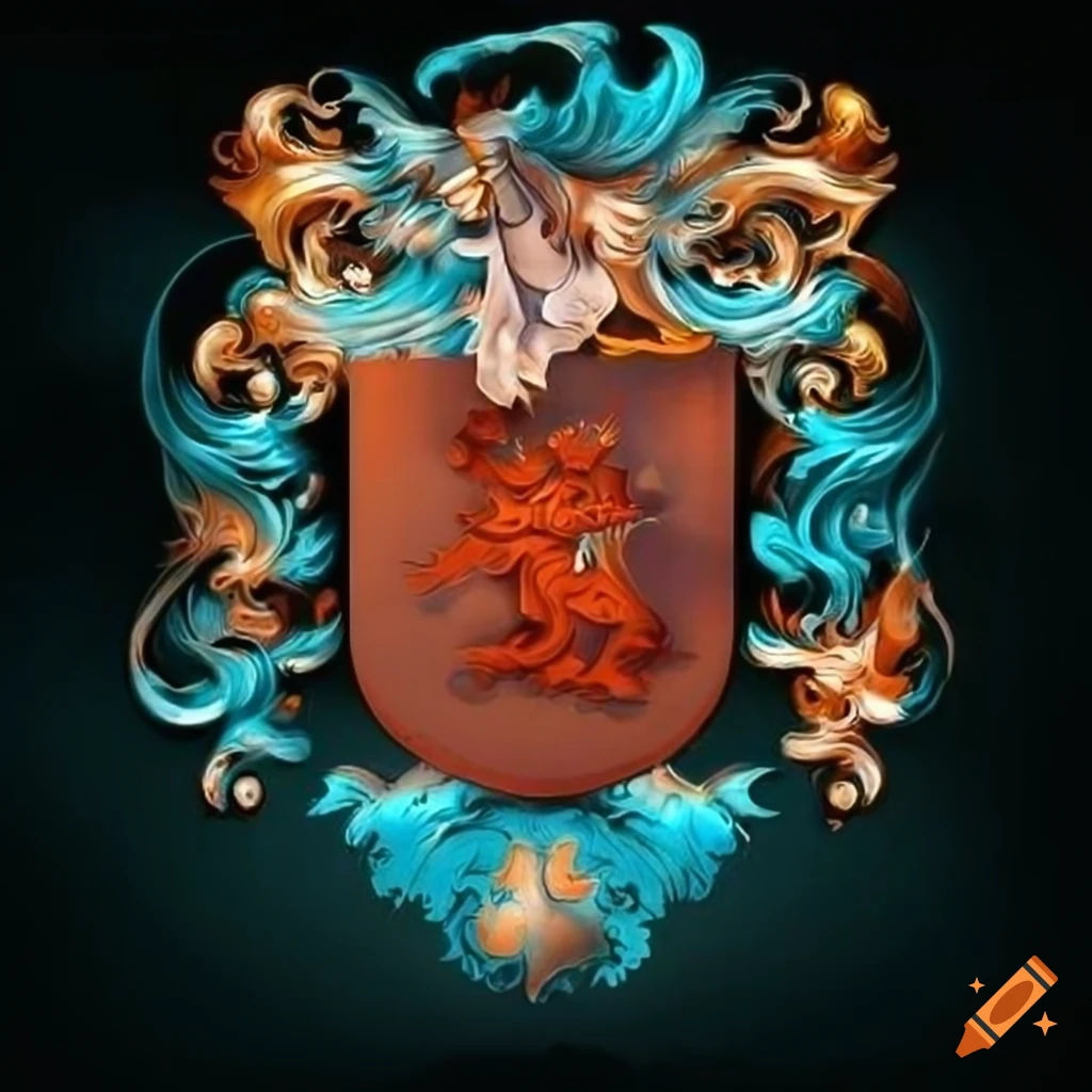 Detailed family crest with serene landscape backdrop and intricate ...