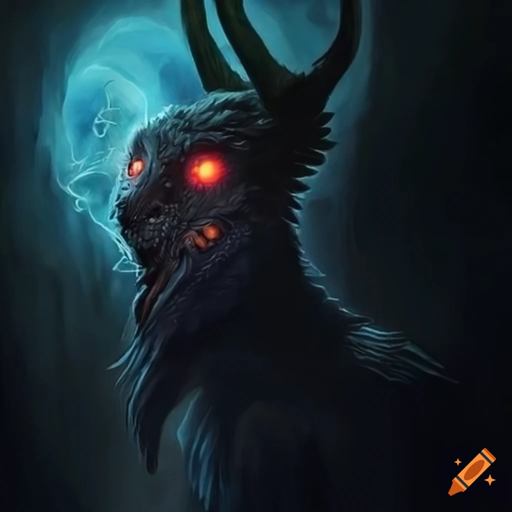 Portrait of a mythical creature with winged horns and glowing eyes on ...