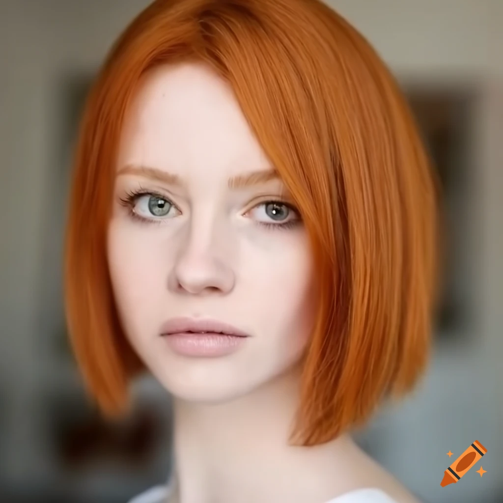 Beautiful 25 year old woman with ginger bob hair in serious pose on Craiyon