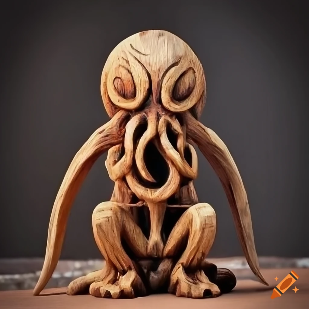 Whittled cthulhu sculpture in wood on Craiyon