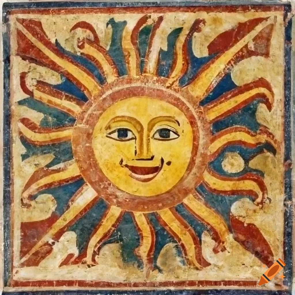 Smiling sun on romanesque fresco album cover on Craiyon