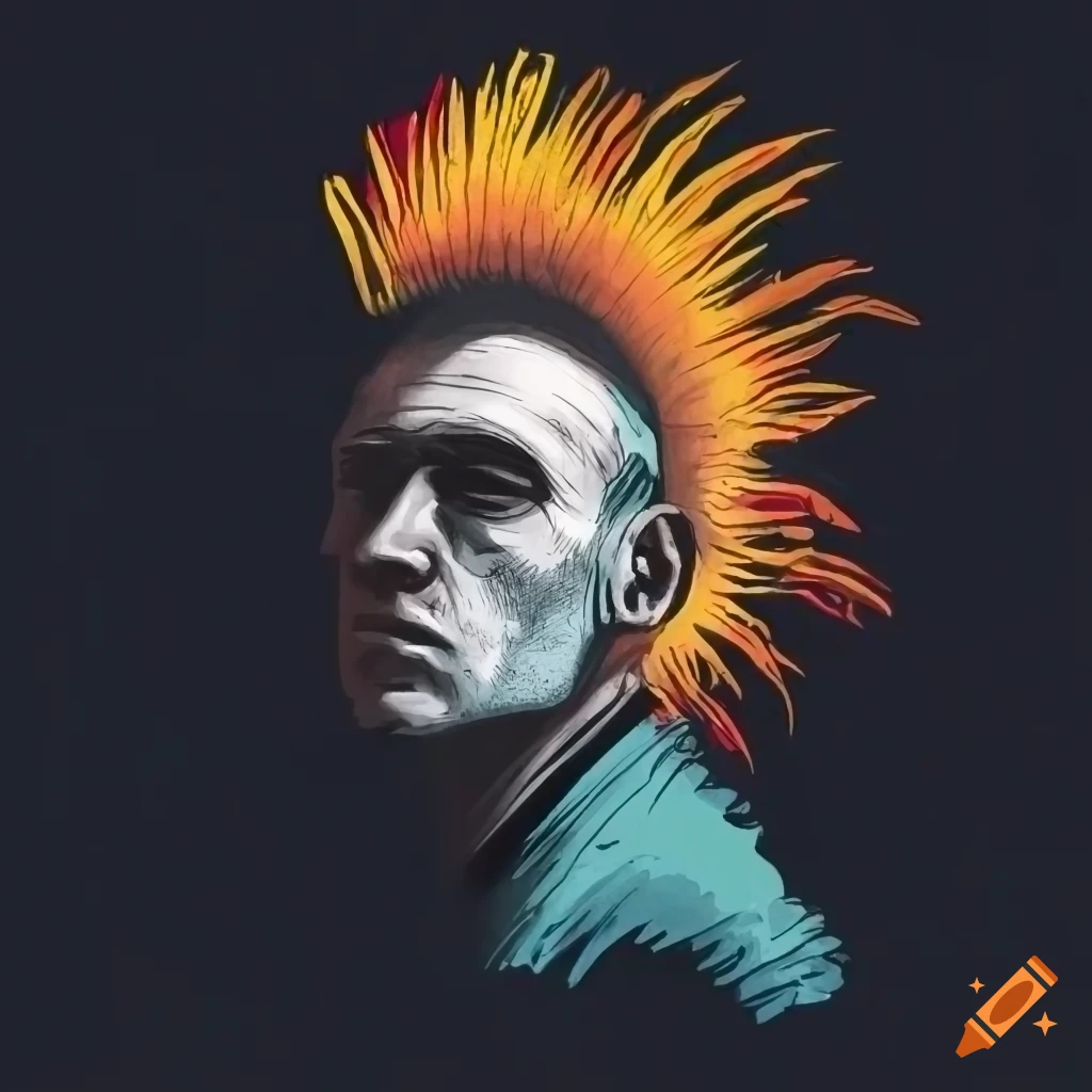 Drawing of a stylish man with a mohawk and coat in an alleyway on Craiyon