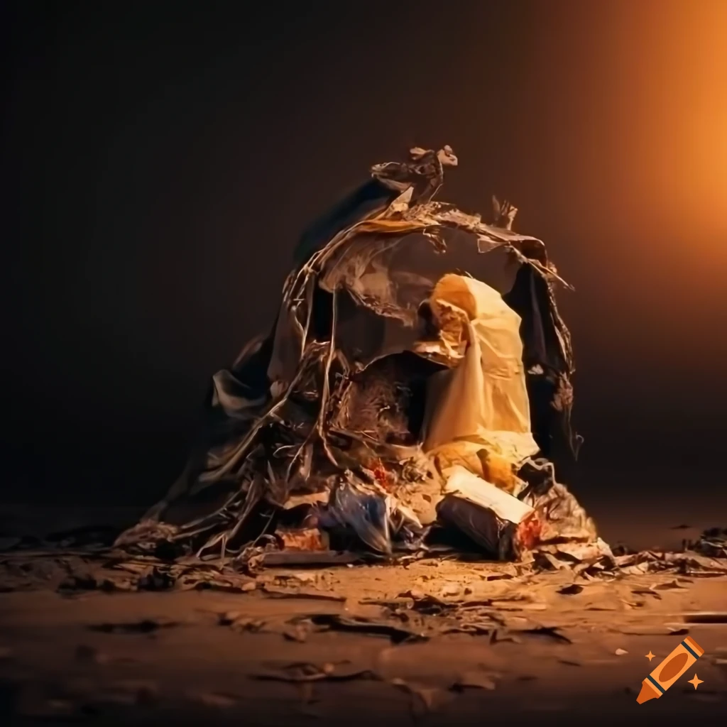 Figure caught in web of junk garbage in a dramatic destroyed landscape ...