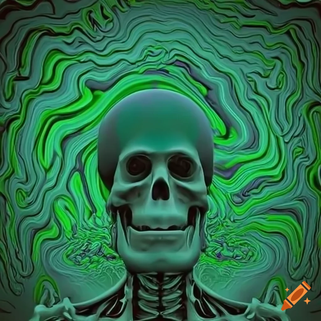 Green human skeleton blinking in night trippy waves on Craiyon