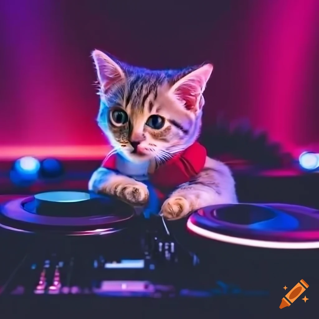 Adorable kitten in a dj outfit on a cruise ship surrounded by neon ...