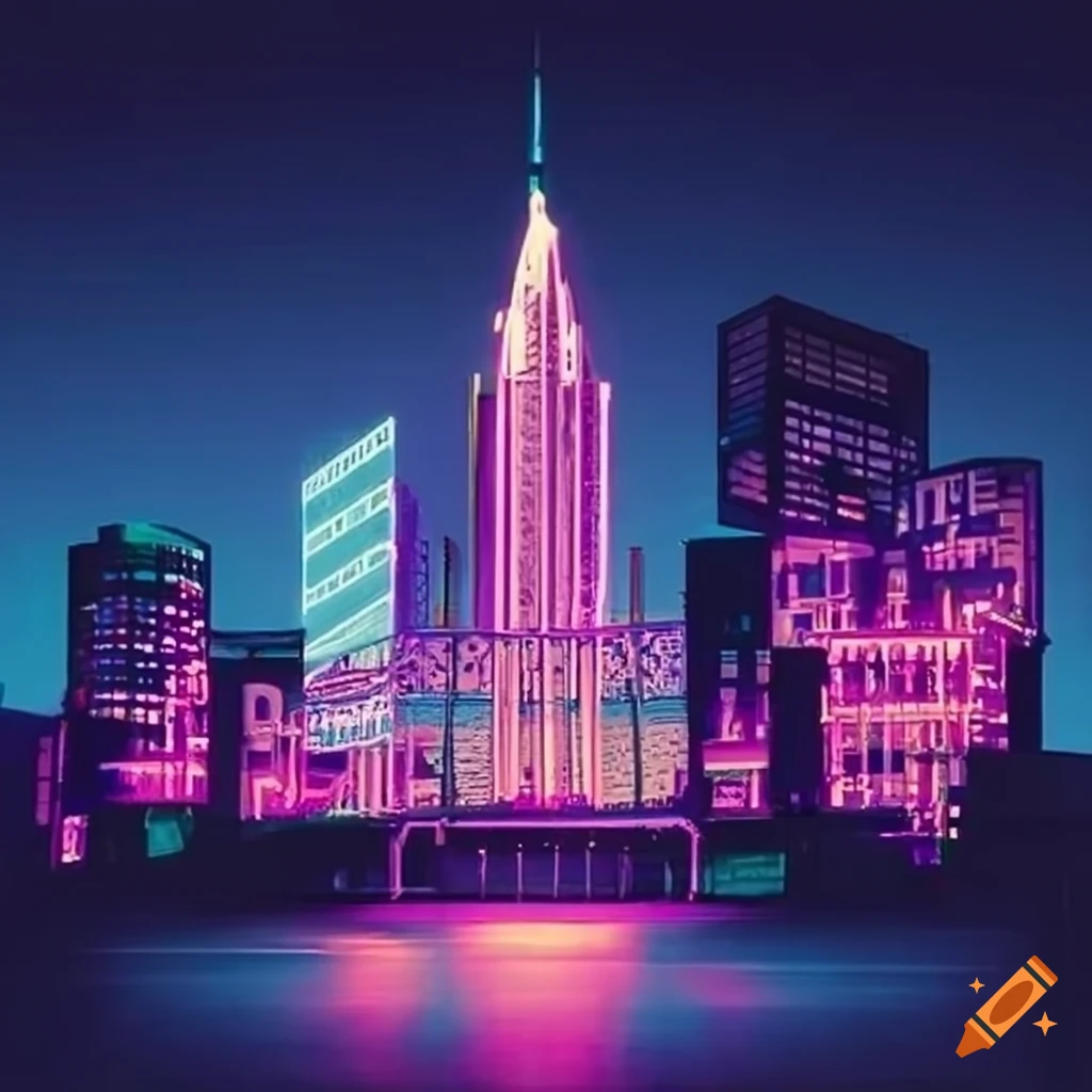 Neon building in an 80s night scene on Craiyon