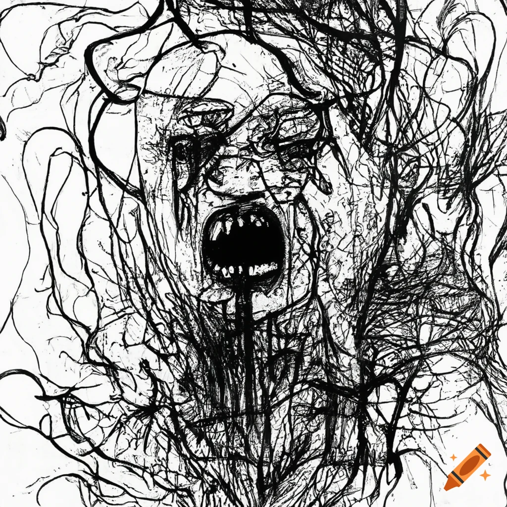 Person kneeling in a scene of chaos and sorrow in unsettling ink ...