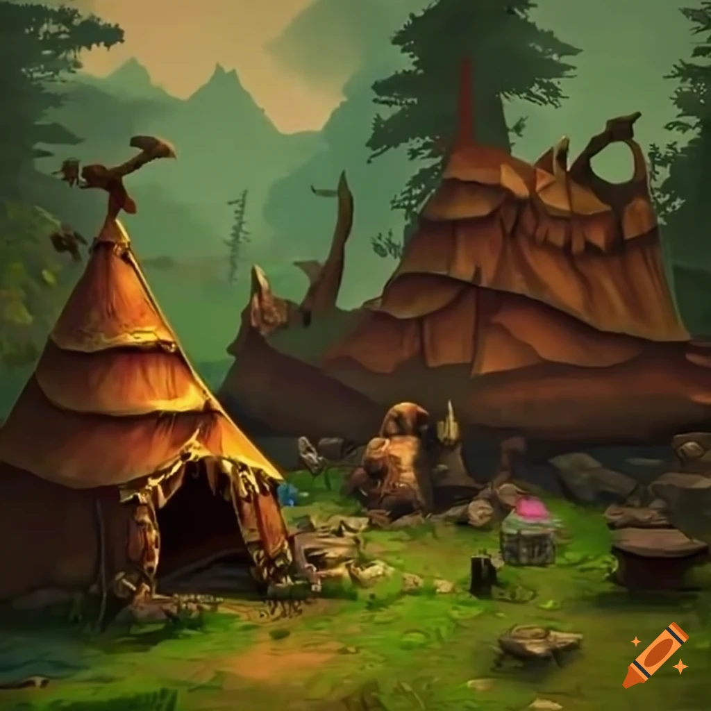 Simple ogre camp at the edge of a valley on Craiyon