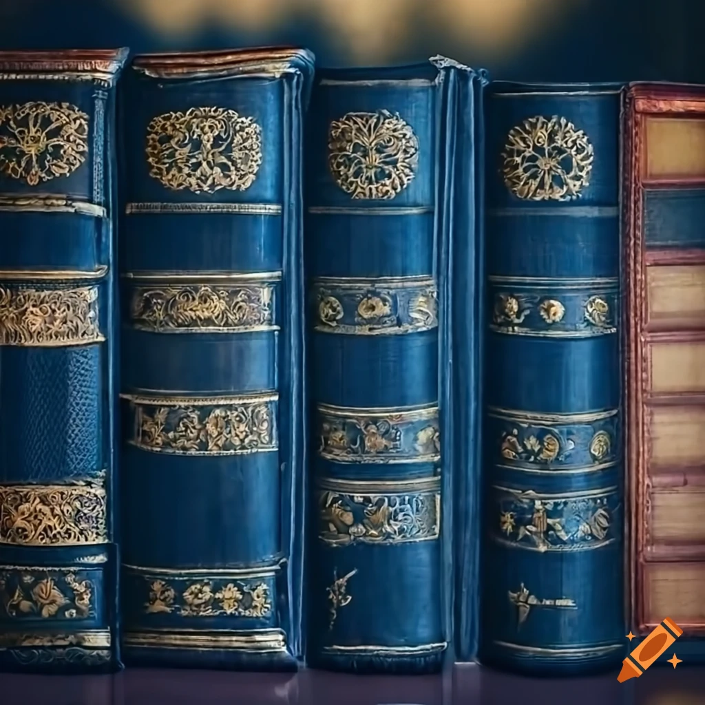 Row of intricately decorated vintage dark blue books with full spines ...