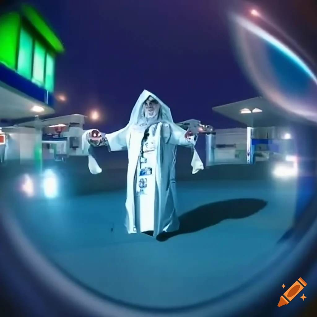 Wizard in a flowing robe and sunglasses at a gas station on Craiyon