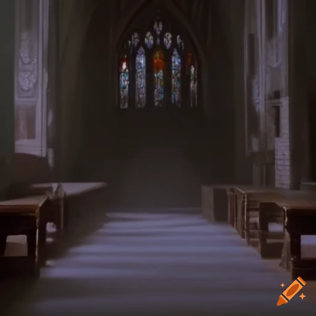 Church back rooms with volumetric soft glowing mist and stained glass ...