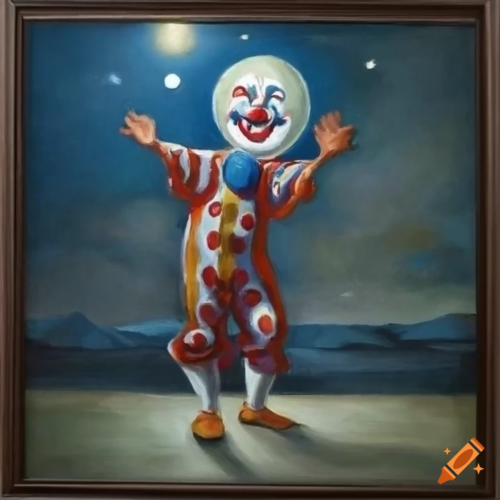 Laughing moon clown in fetal position - framed oil painting on Craiyon