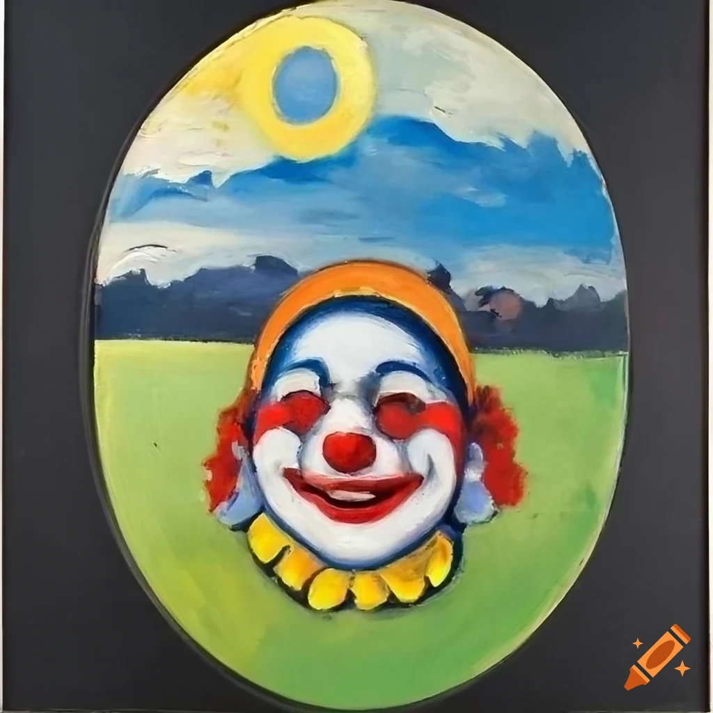 Moon clown laughing in fetal position in a framed oil painting on Craiyon