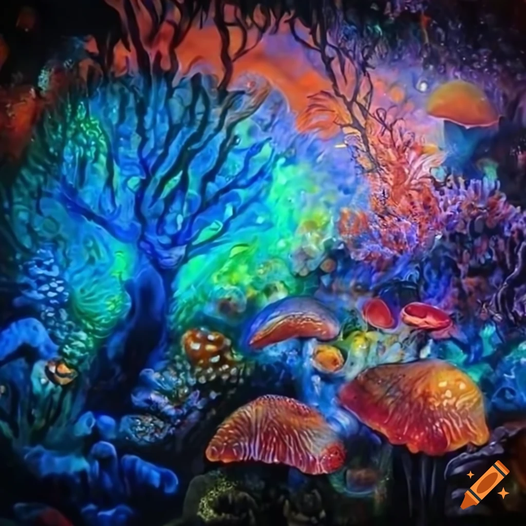 Underwater tapestry of vibrant fish, coral, and mythical creatures on ...