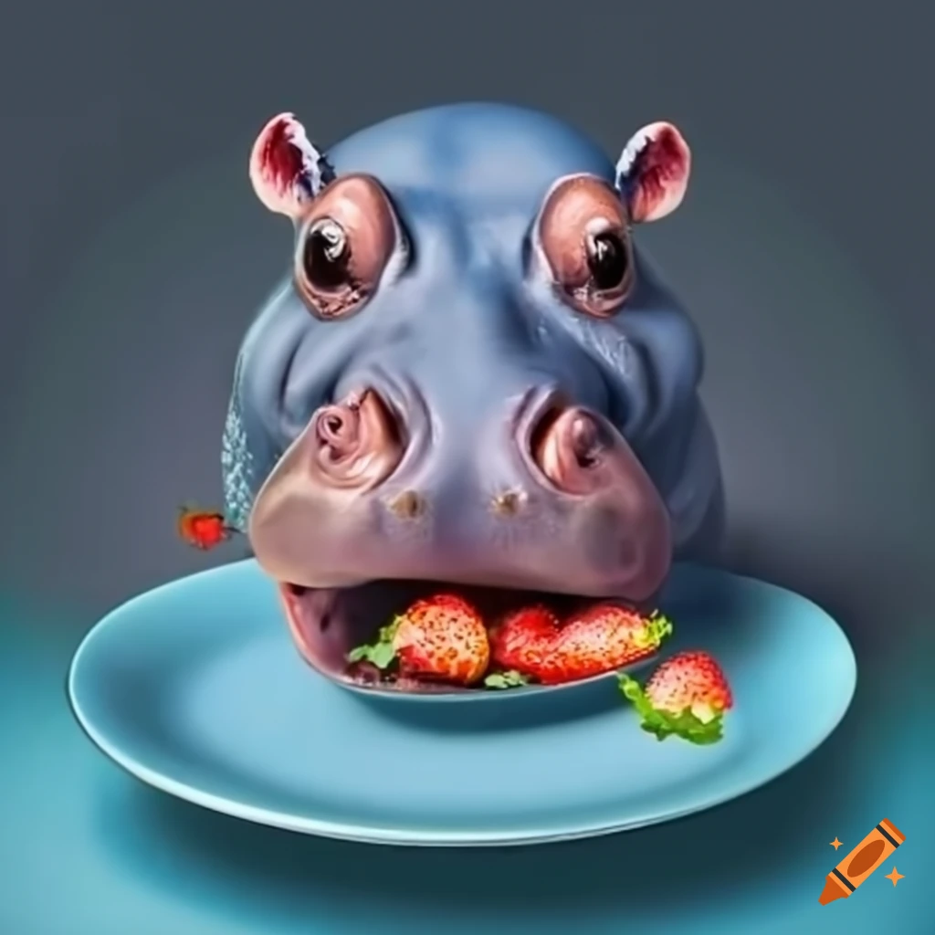 Hippo in blue school uniform eating strawberries on Craiyon
