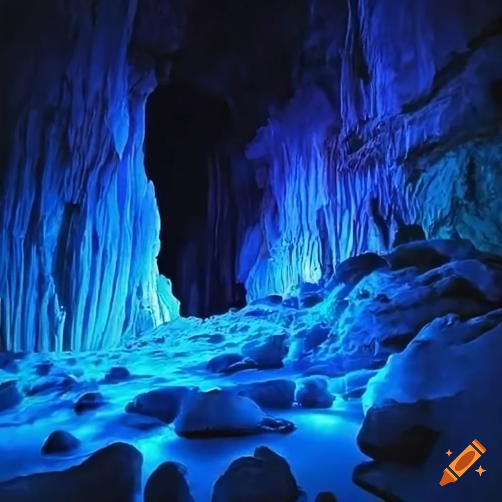 Gigantic open cave with blue glowing rock formations on Craiyon