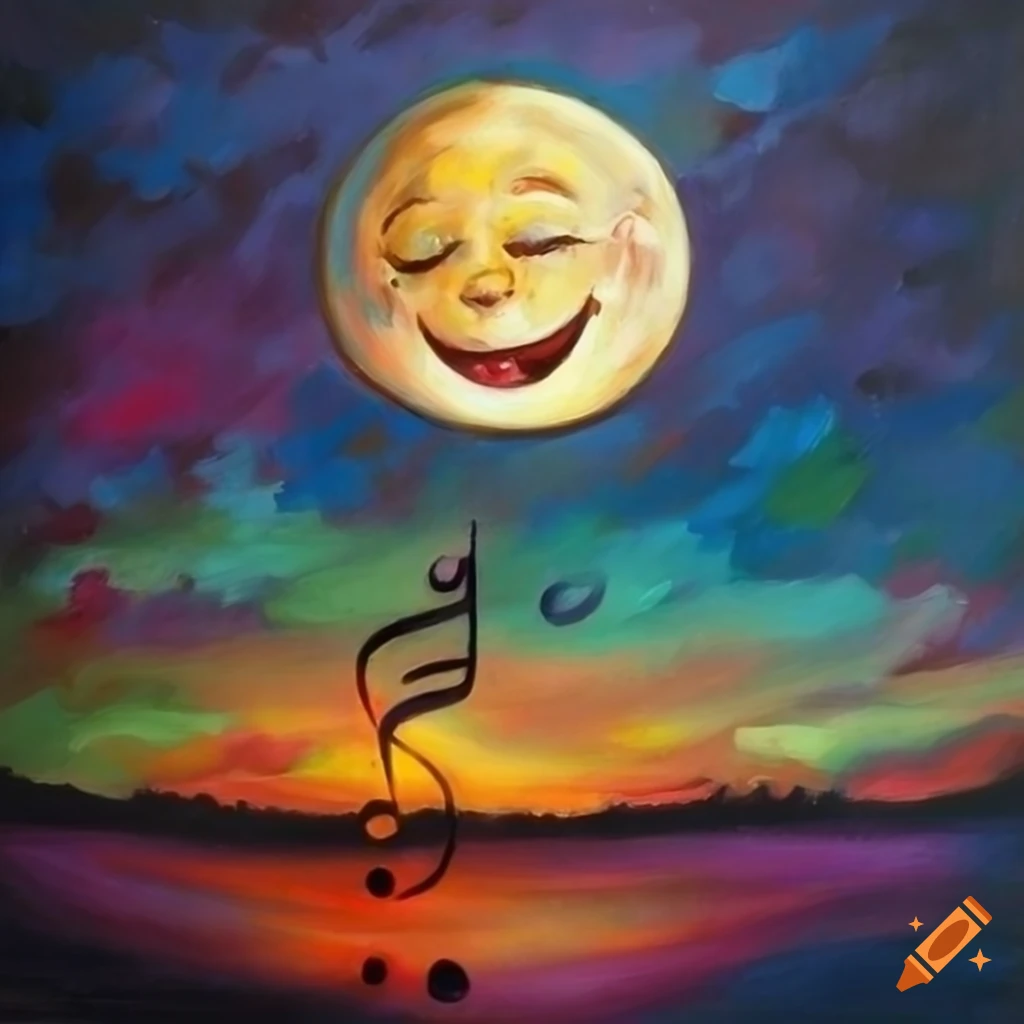 Laughing moon with musical notes in an oil painting on Craiyon