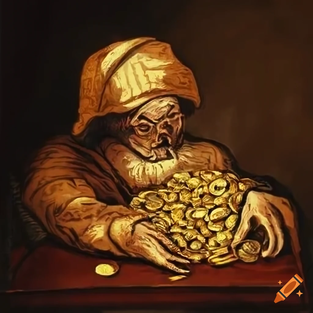 Medieval drawing of a thief stealing gold coins on Craiyon