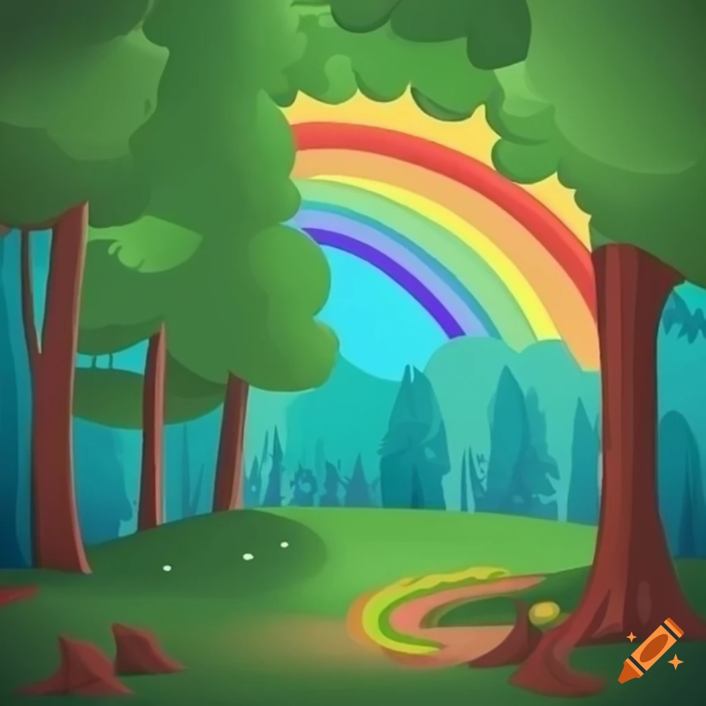 Rainbow in a cartoon forest on Craiyon