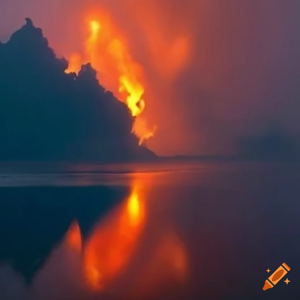 Burning tropical island seen from the ocean on Craiyon