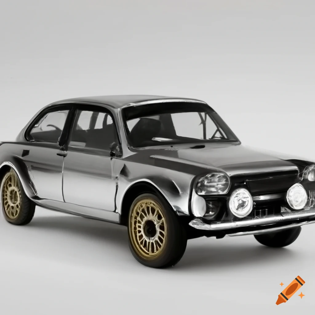 Rally car in chrome and graphite from a wide angle on Craiyon