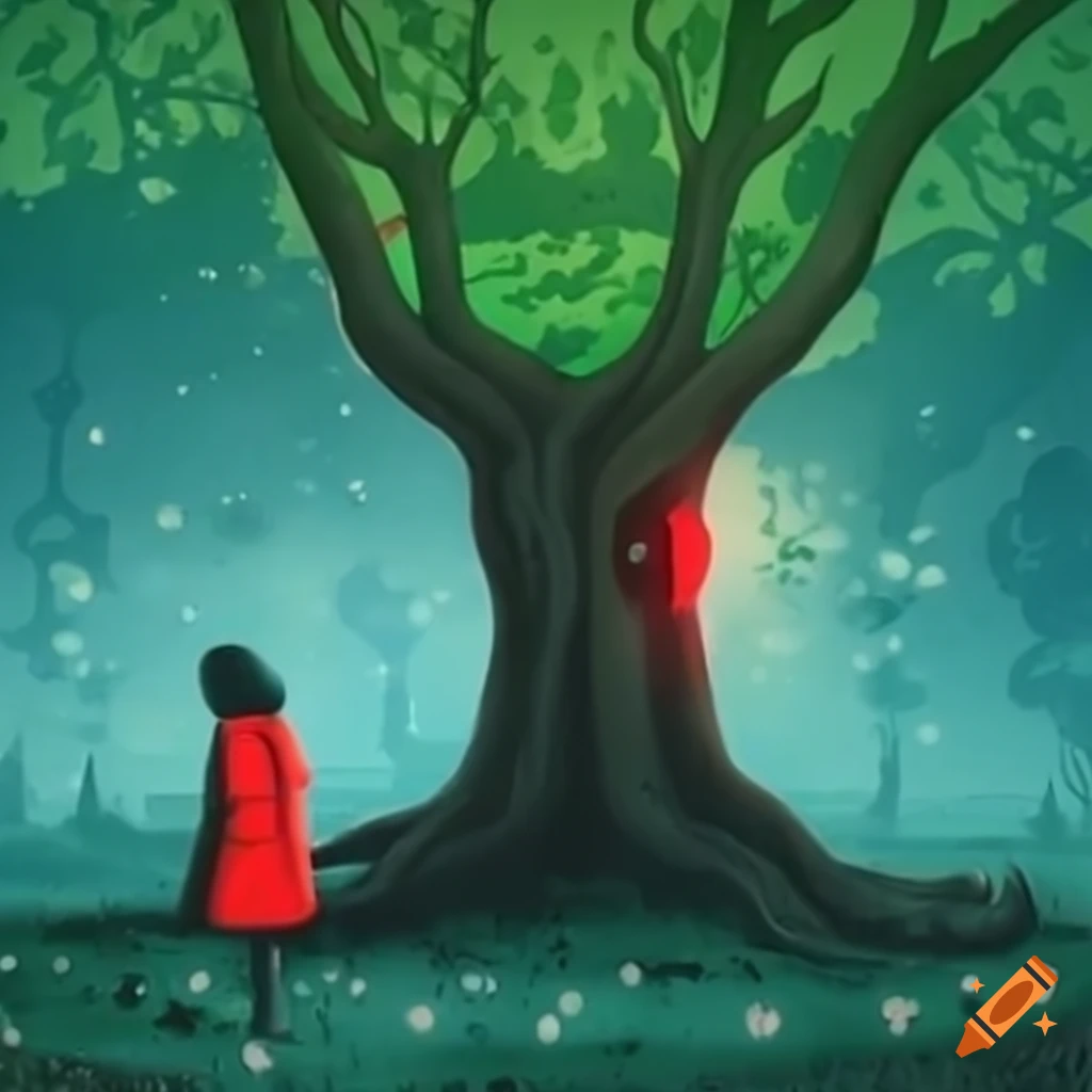 Close up of a green tree with a decorative red keyhole and a person ...