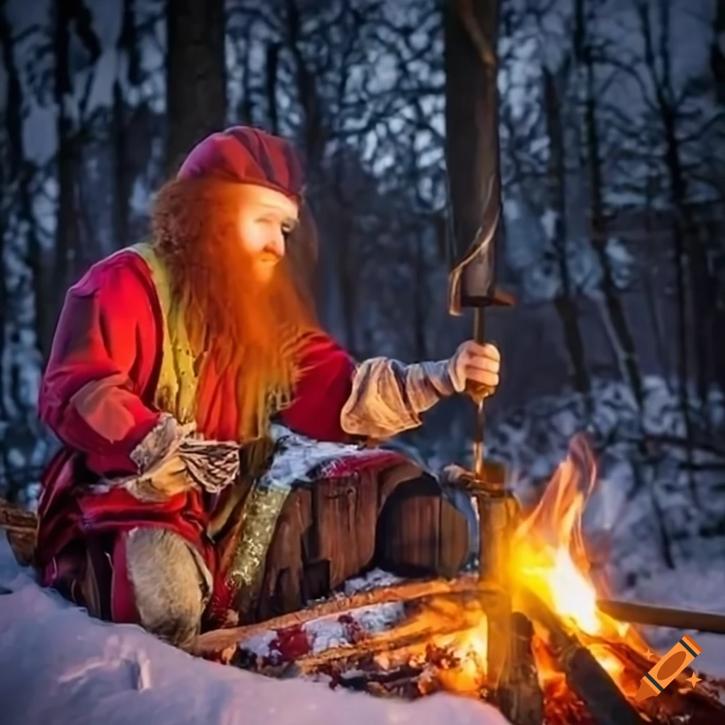 Male pirate with red hair cooking over campfire in snowy wilderness on ...