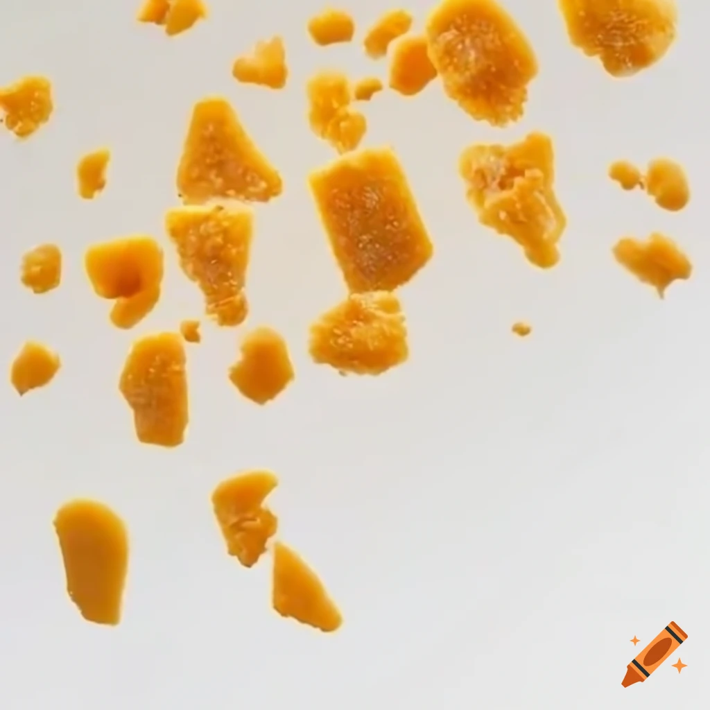 Flying cheddar cheese crumbs on white background on Craiyon
