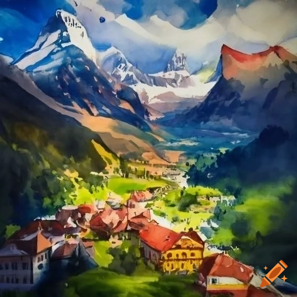 Stunning watercolor painting of switzerland on Craiyon