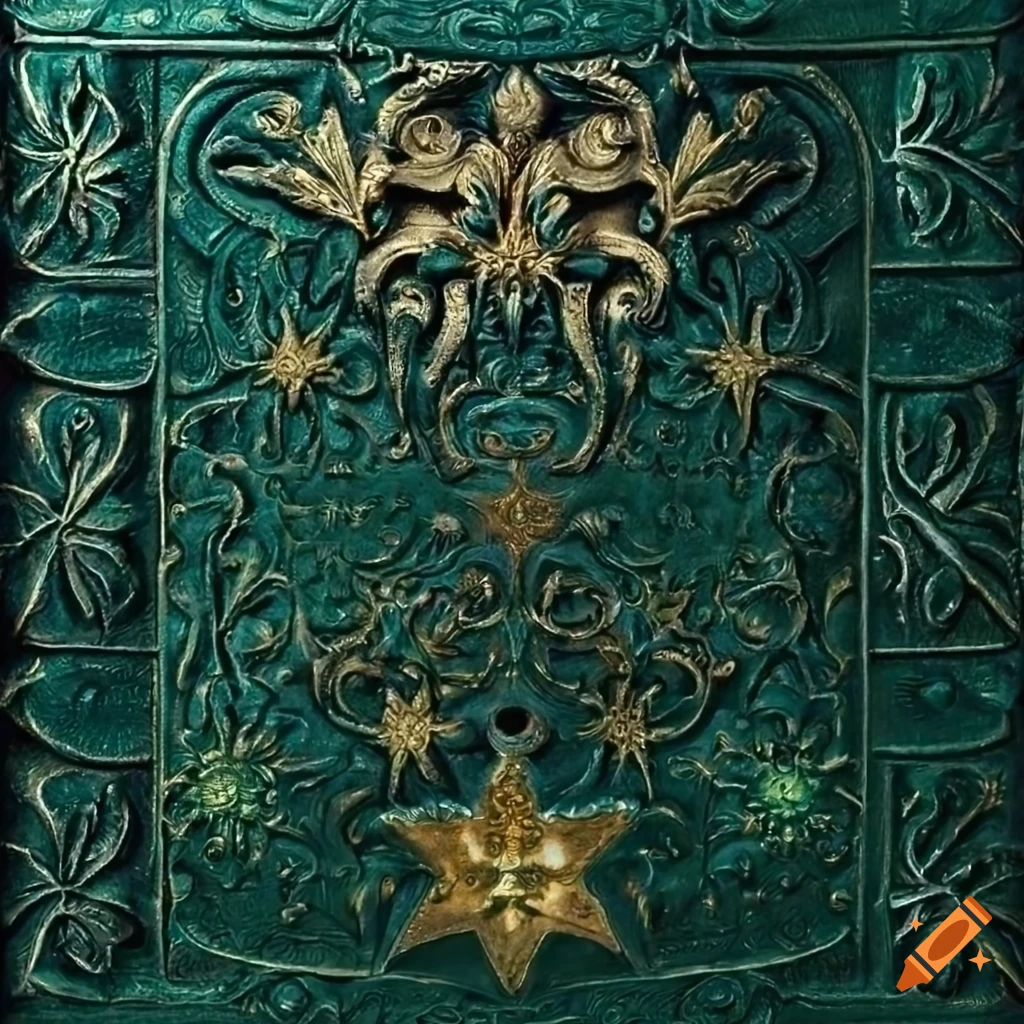 Deep dark green leather book with celestial motifs of stars and angels ...