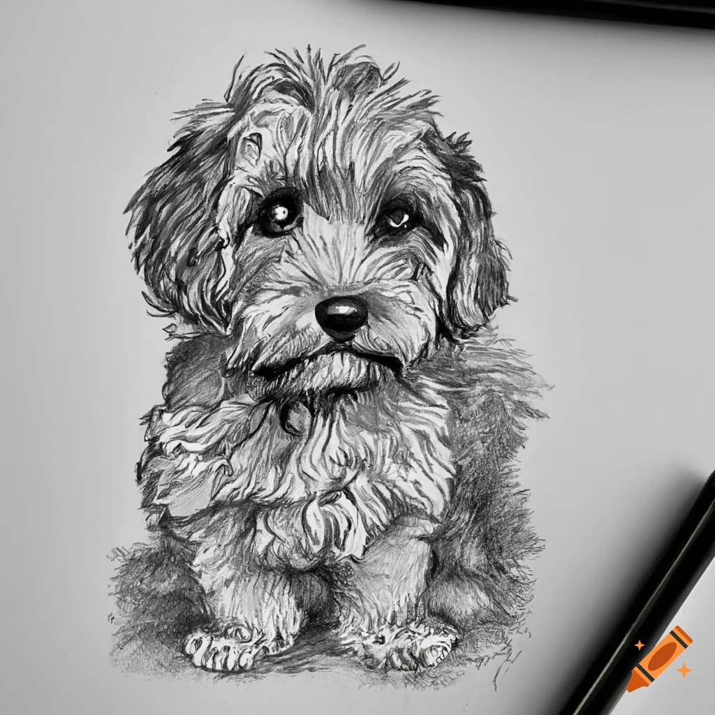 Fluffy and skinny cockapoo dogs in black and white drawings on Craiyon