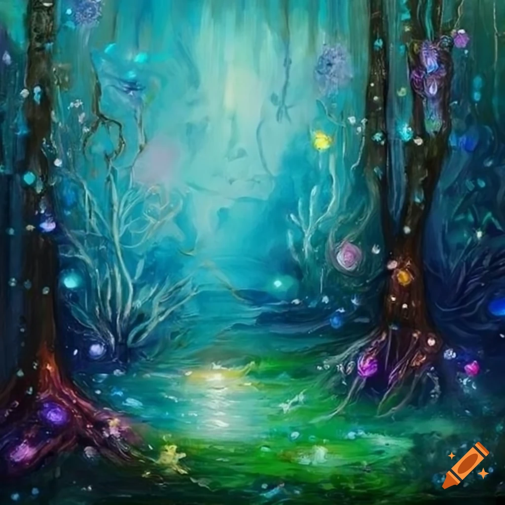 Imaginative oil painting of mystical forest with fairies, supernatural ...