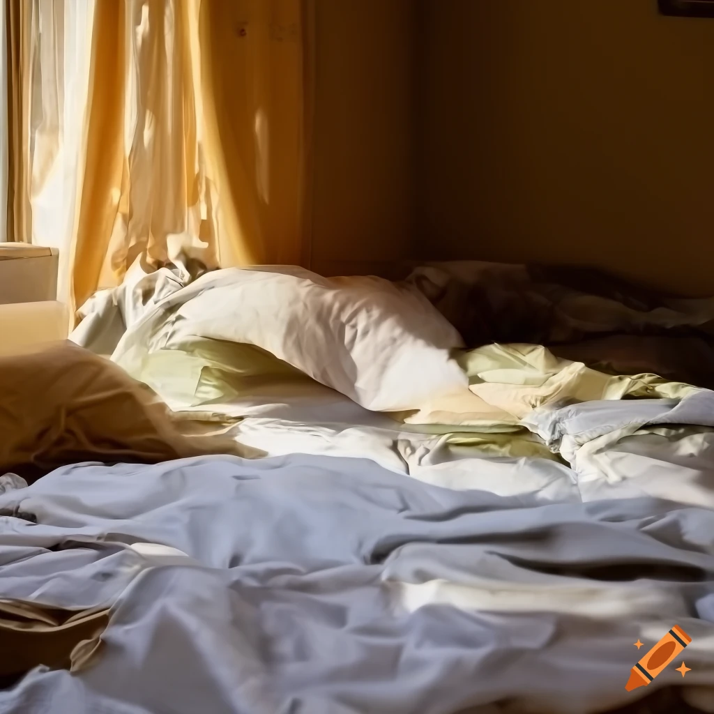 Sunlit bedroom with a double bed and discarded clothes on Craiyon