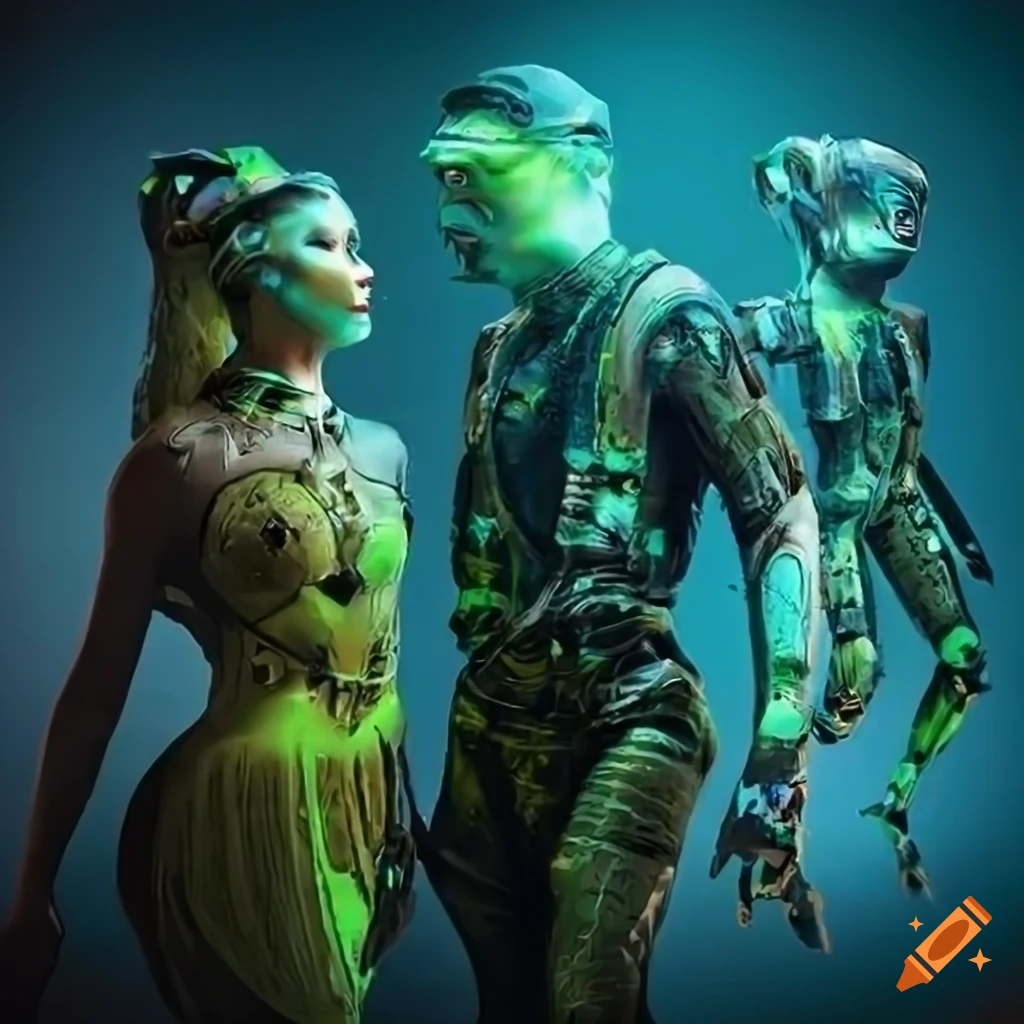 Digital illustration of a biopunk family in a futuristic biopunk ...