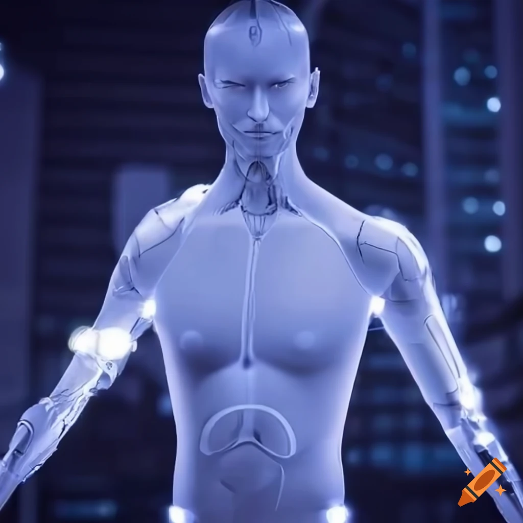 High-tech futuristic glass male cyborg with glowing LED lights on Craiyon