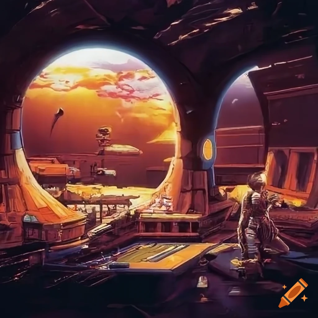 70s sci-fi spaceport trading station art on Craiyon