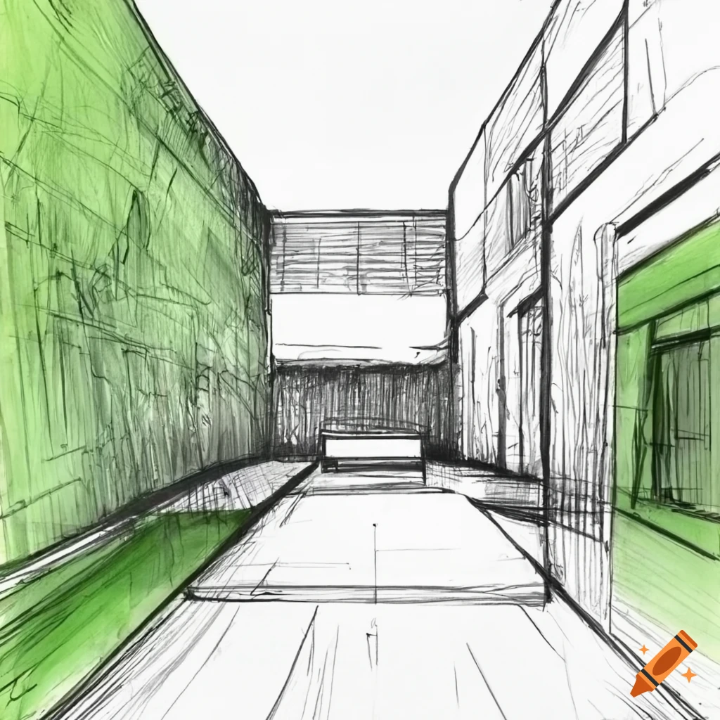 Modern contemporary square courtyard in 2 point perspective sketch on ...