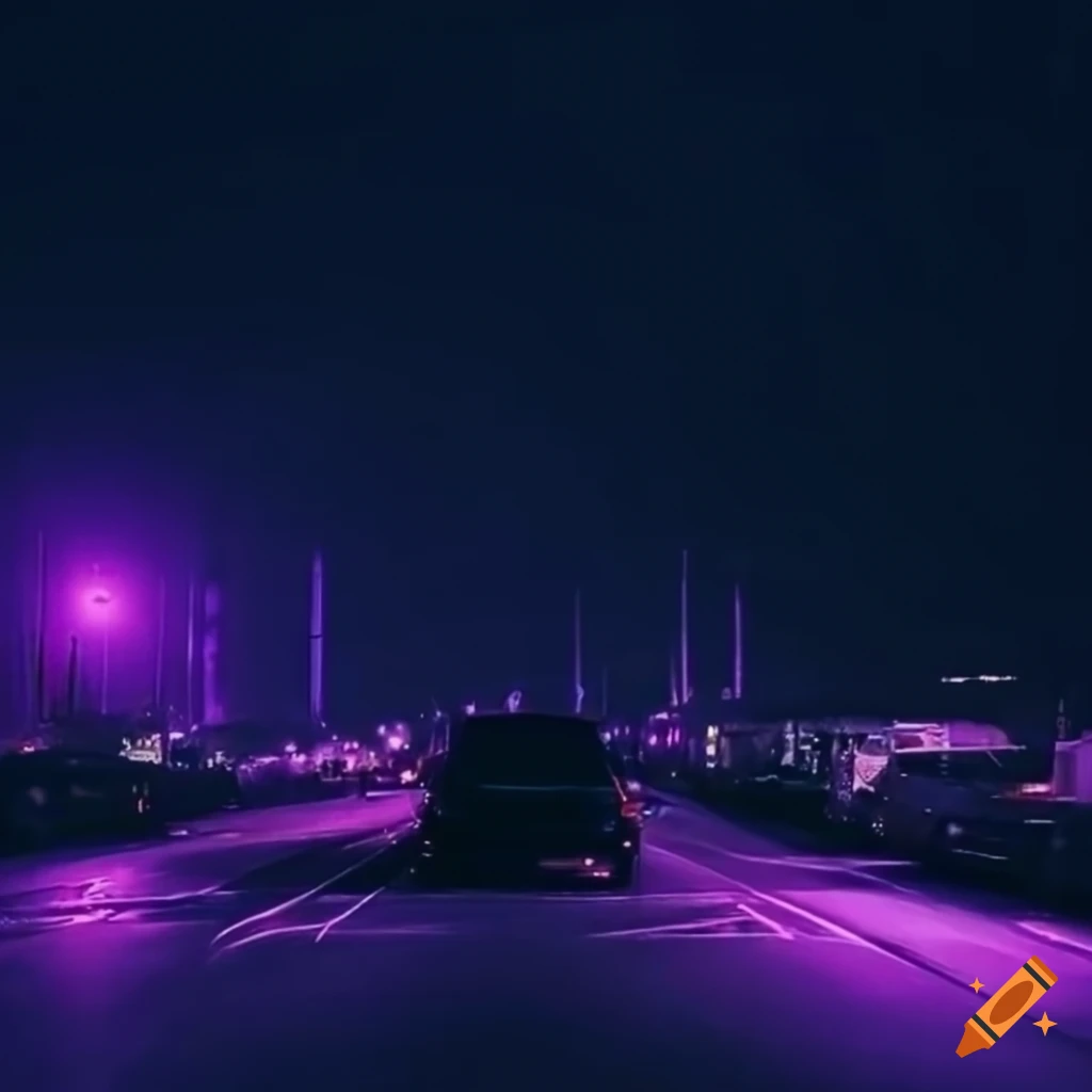 Night drive through a city with dark purple aesthetic on Craiyon