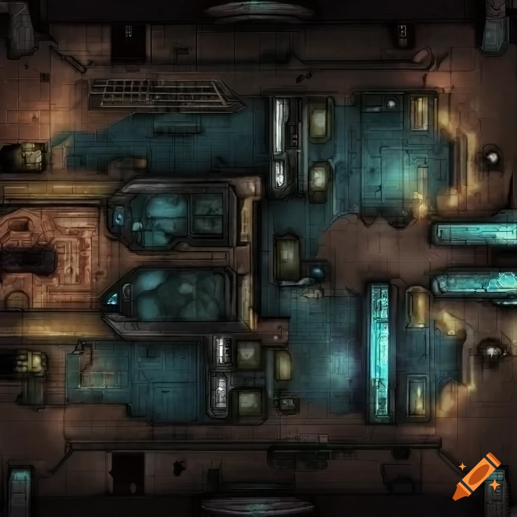 Sci-fi basement battlemap in 2d top-down view on Craiyon