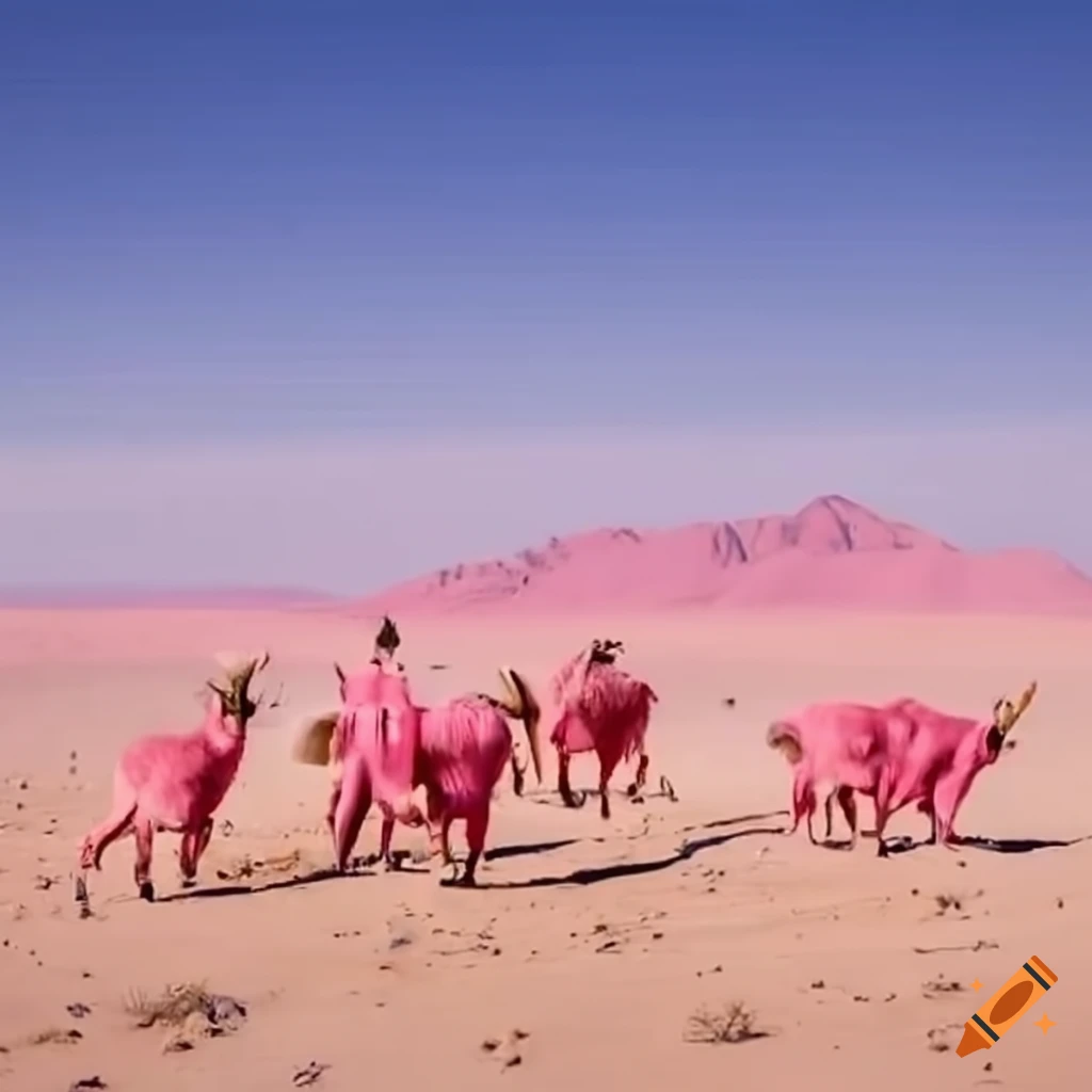 Pink goats hiking in a desert landscape on Craiyon