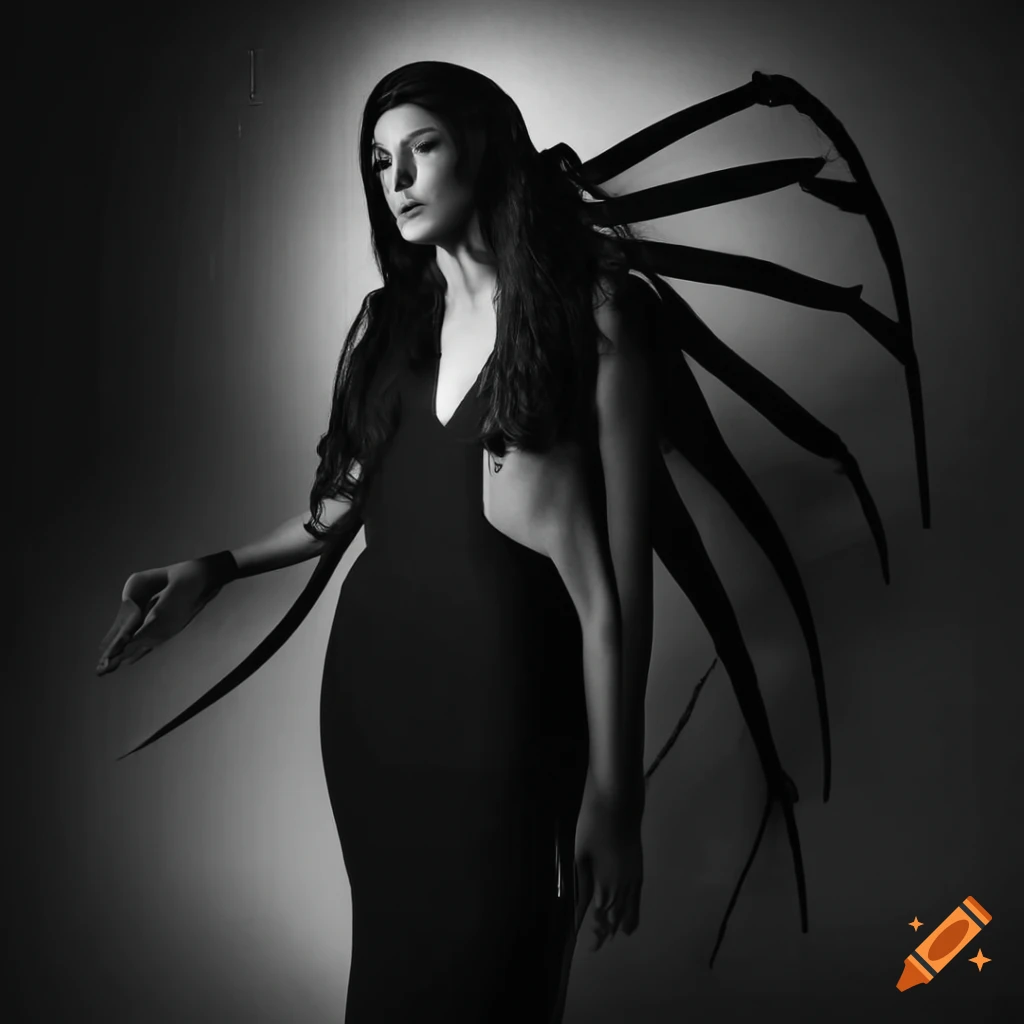 Arachne woman as a fashion designer dressed in black on Craiyon