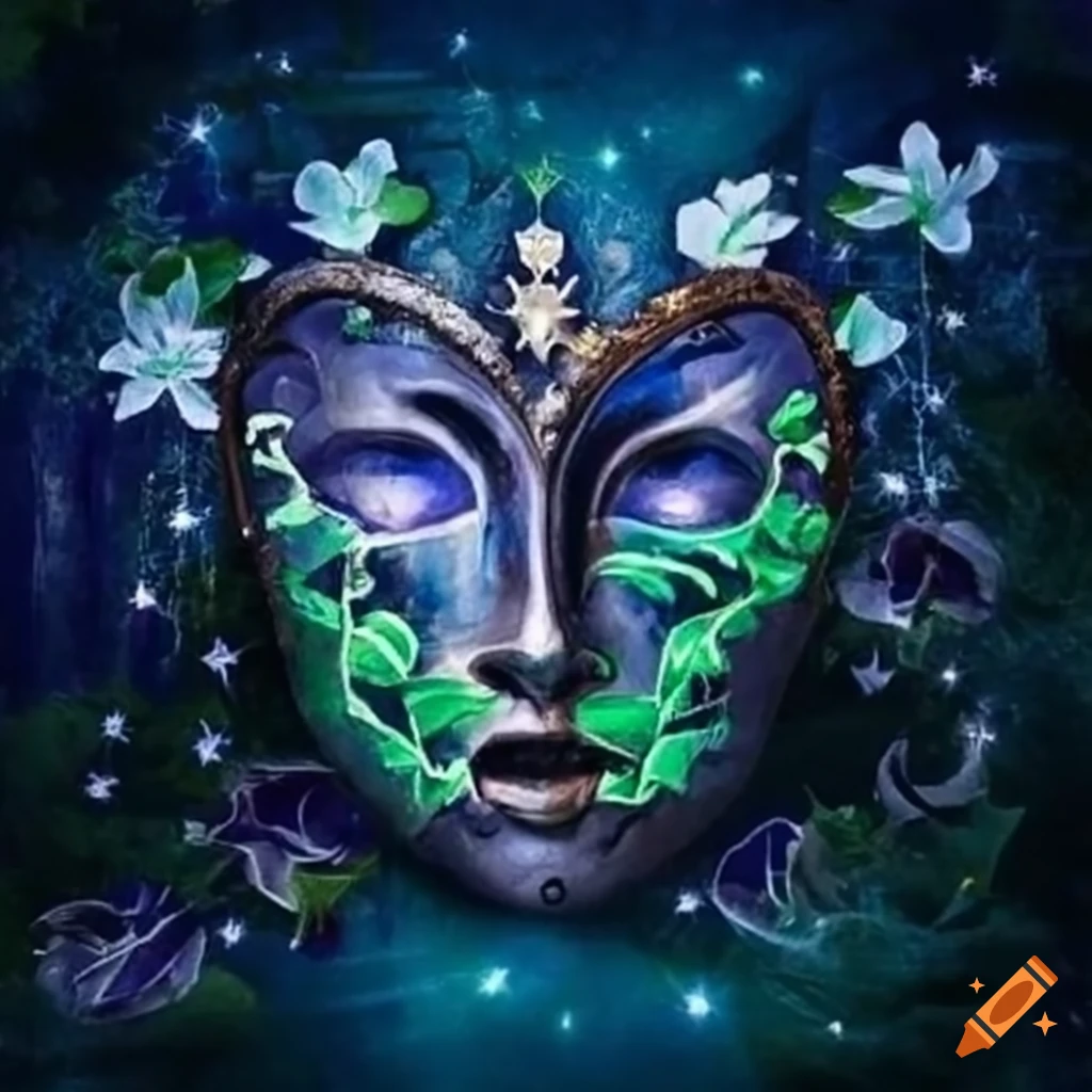 Magical mask made with petals, moss, logs, and luminous rocks in ...