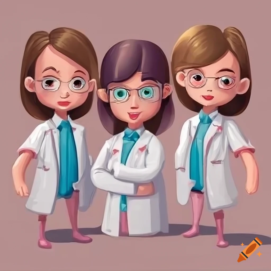 Group of girls in lab suits in a cute cartoon style on Craiyon