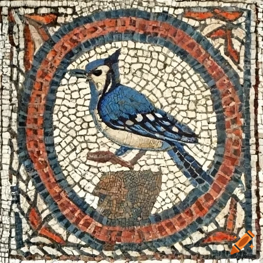 Ancient roman mosaic of a blue jay on Craiyon