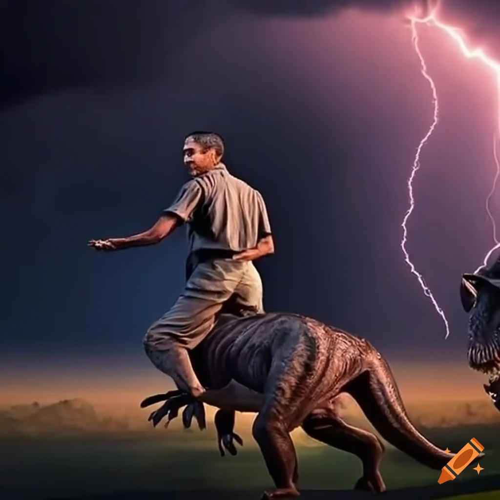 Barack obama riding a t-rex in a thunderstorm on Craiyon