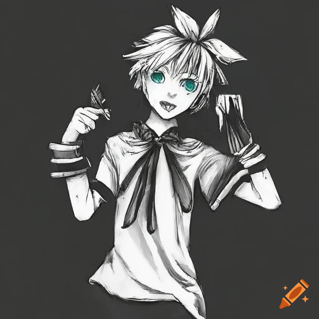 Kagamine len full-length portrait by junji ito in ink drawing on Craiyon