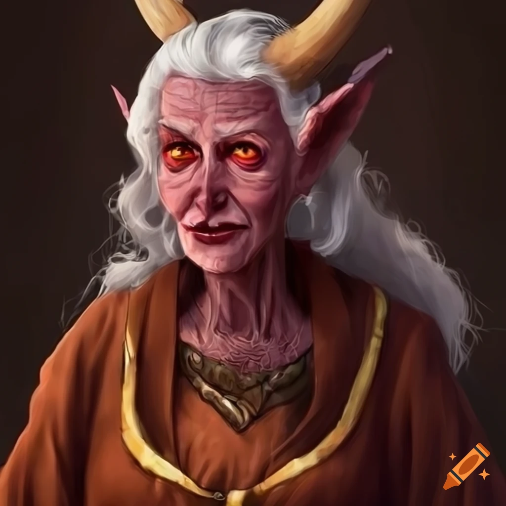Old woman with tiefling features wearing a tattered brown robe on Craiyon