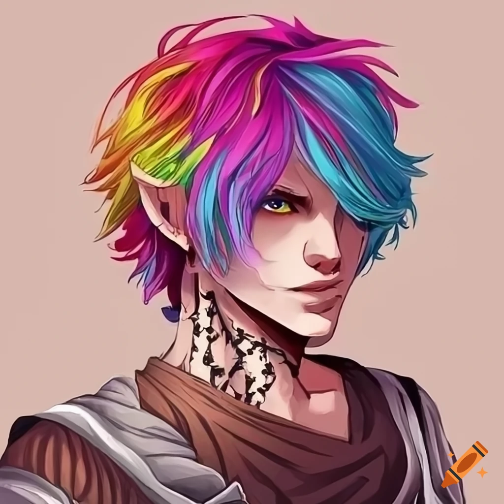 Colorful-haired male dnd character with tattoos on Craiyon