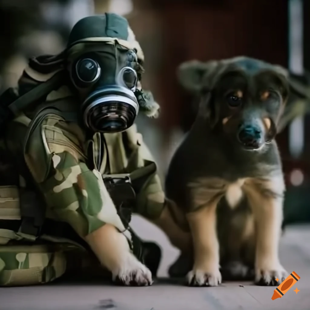 Group of cute puppies in military gear with pilot hat and gas mask on ...